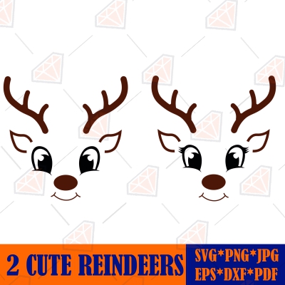 Cute Smiley Reindeer SVG Clipart, Reindeer Face SVG Bundle Vector Files ...
