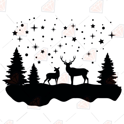 Winter Scene with Deers SVG Clipart, Winter Deer SVG | PremiumSVG